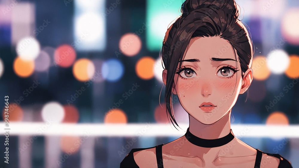 Woman, anime girl, looking cute, cartoon illustration with blurred ...