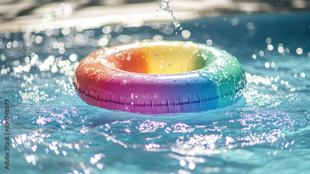 A vibrant poolside scene with water splashing and a colorful inner tube ...