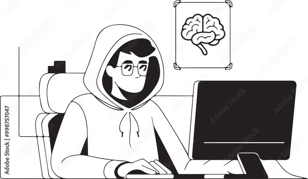 continuous single line drawing of computer hacker stereotype, line art ...