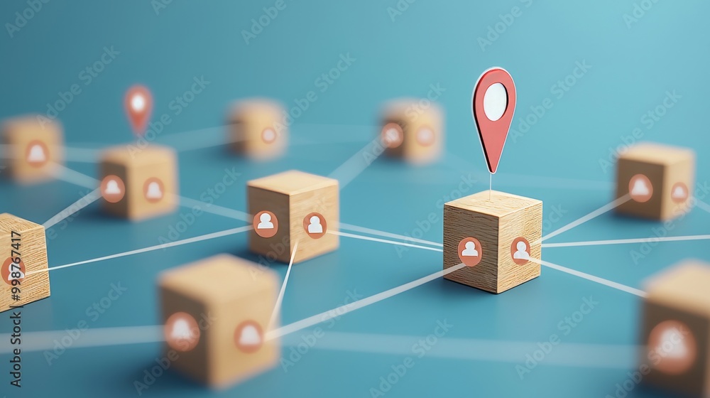 Map pin symbol on wood block showing user network connections. White ...