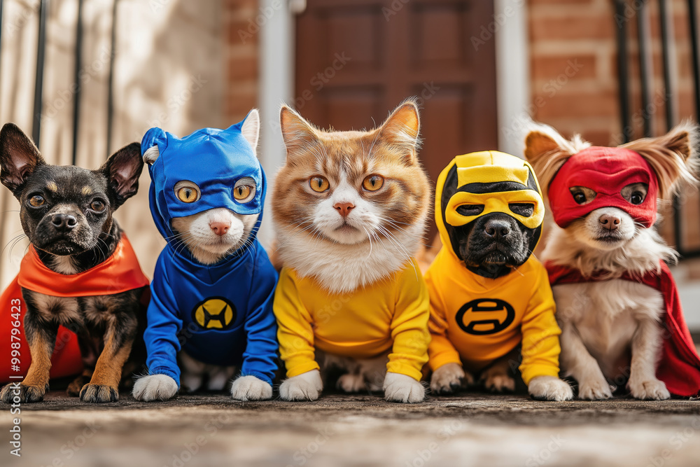 Five pets dressed as superheroes in blue and yellow costumes. Halloween ...