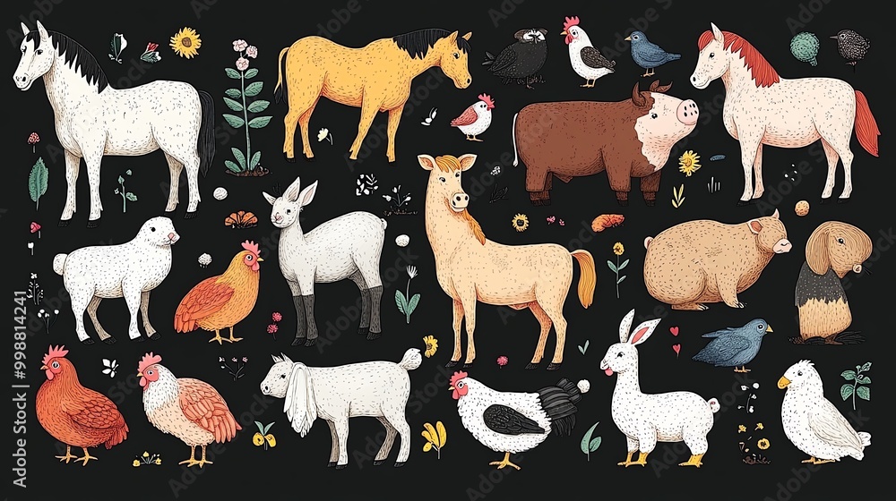 Flat set of farm animals like a horse, cow, pig, chickens, and rabbits ...