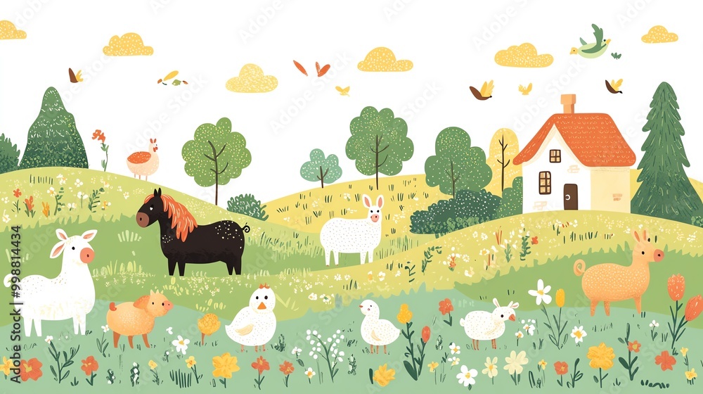 Rural farm animal set with a horse, cow, pig, sheep, goat, chickens ...