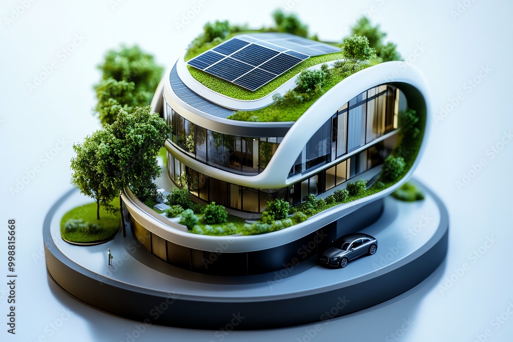 Digital 3D model of an energy-efficient building, showcasing its green ...