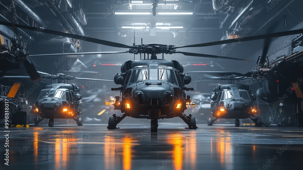 Several black military helicopters are stationed in a dimly lit hangar ...