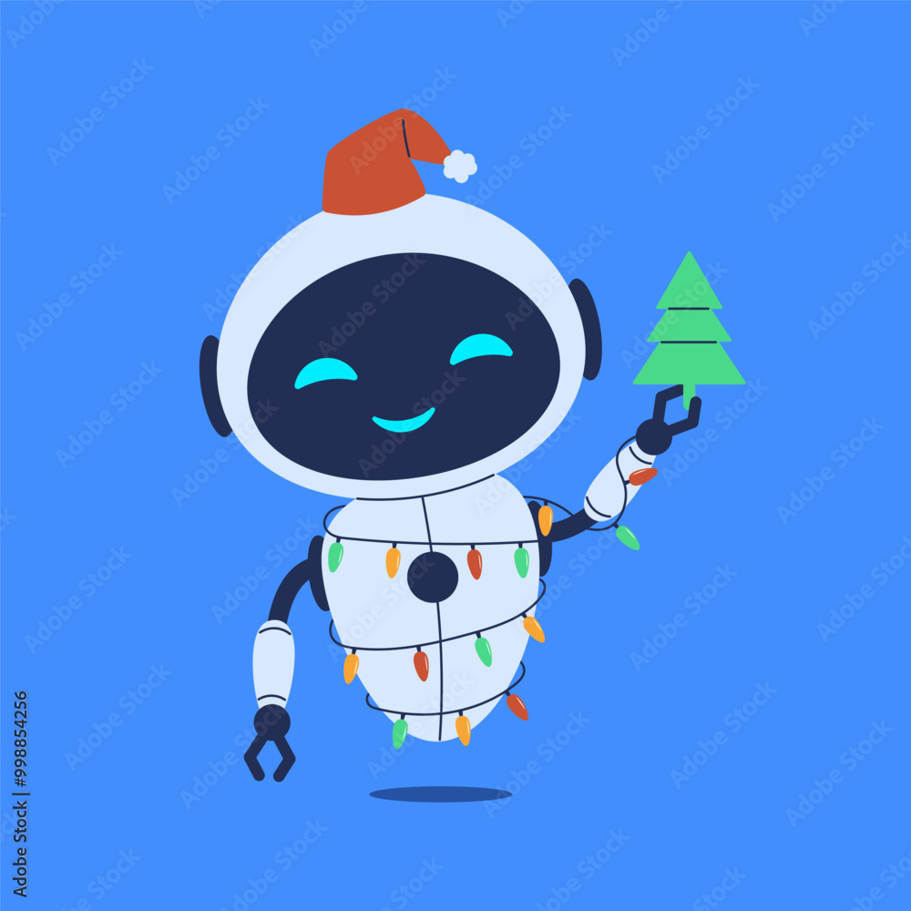Christmas robot wrapped in garland with Christmas tree. Vector ...