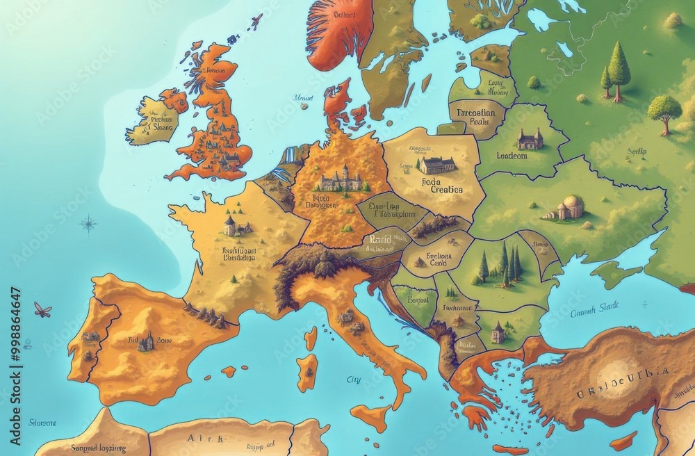 Map of European countries with symbolic images of borders and symbols ...