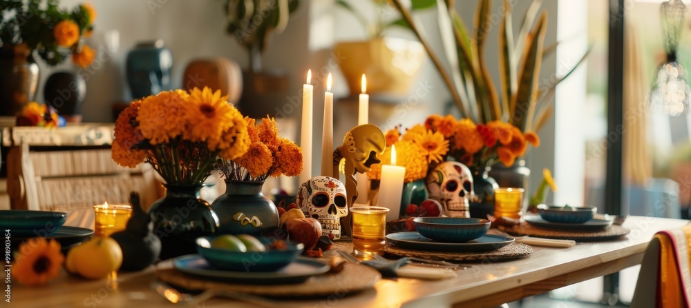 Día de los Muertos Ofrenda with Traditional Offerings and Marigold ...