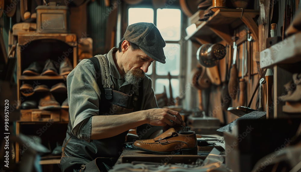 Old leather smith shoemaker artisan in a workshop making a shoe. Copy ...