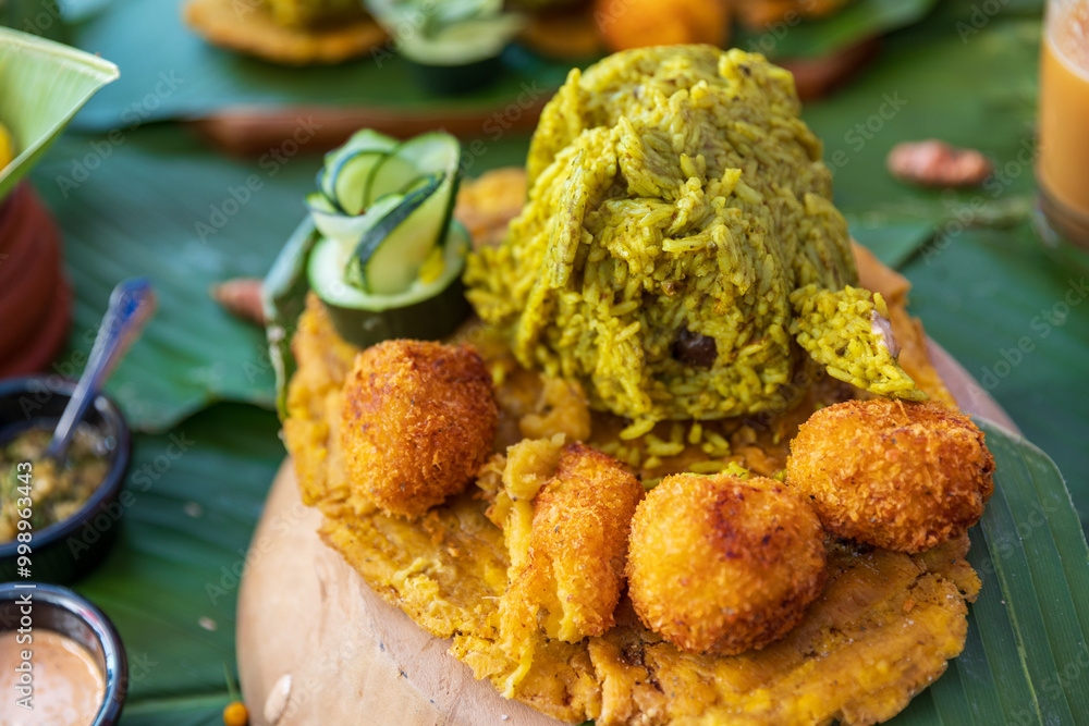 Chicken juane wrapped in bijao leaves. Food, fruits and drinks of the ...