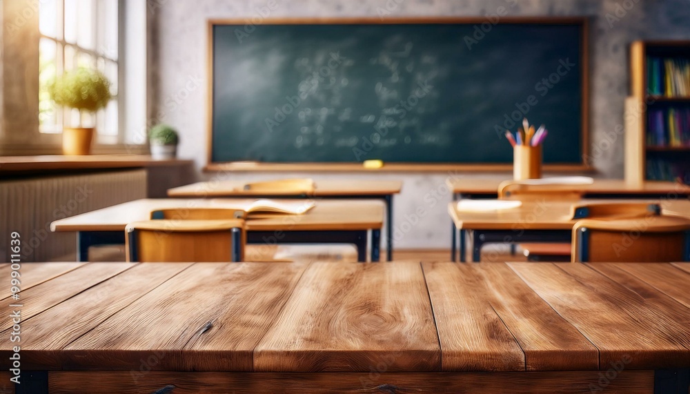 Wooden tabletop in a school classroom against a blackboard background ...