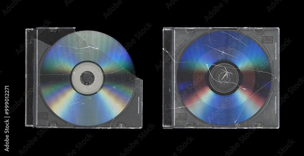 set of two cracked old music CD disc jewel case with compact disk and ...