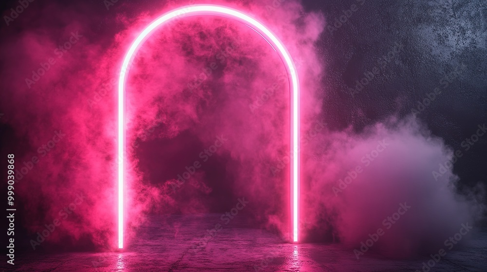Neon light arch pink with smoke. Rectangular glow of pink frame. Pink ...