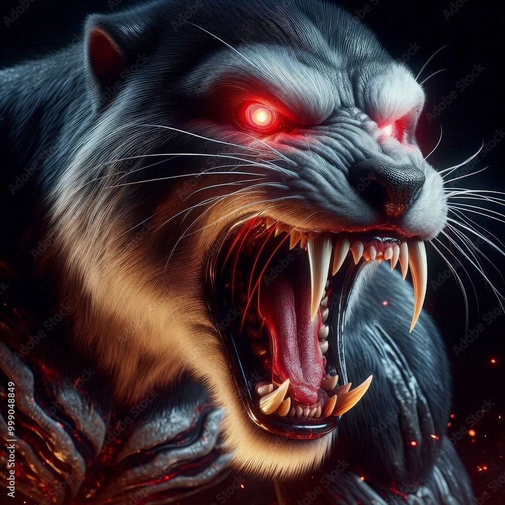 Intense Saber Toothed Beast Growling with Fierce Red Eyes in a Hyper ...