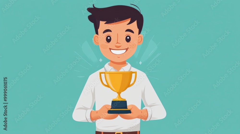Cartoon boy holding a gold trophy with a big smile on his face ...