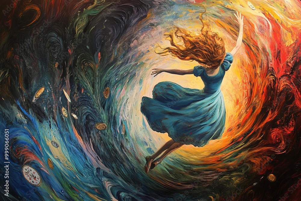 Alice tumbling down the rabbit hole, surrounded by swirling colors and ...