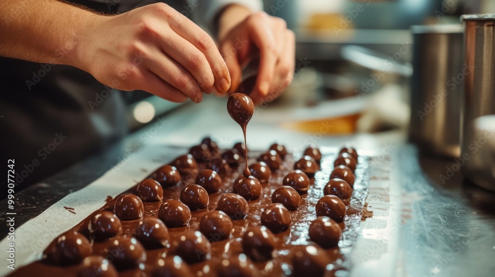 Chocolatier adding delicate whiskey drops to gourmet chocolates ...