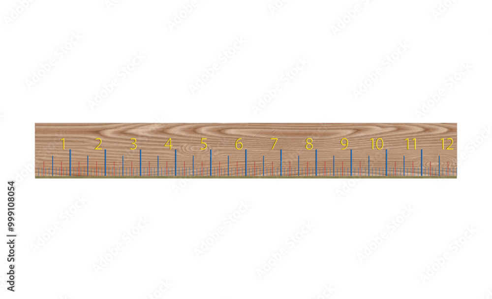 The vector file depicts a wooden elementary school 12-inch ruler with ...
