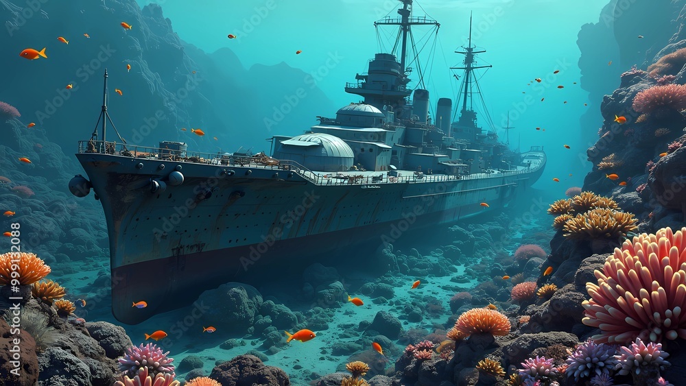 An underwater ship rests on the ocean floor, surrounded by marine life ...