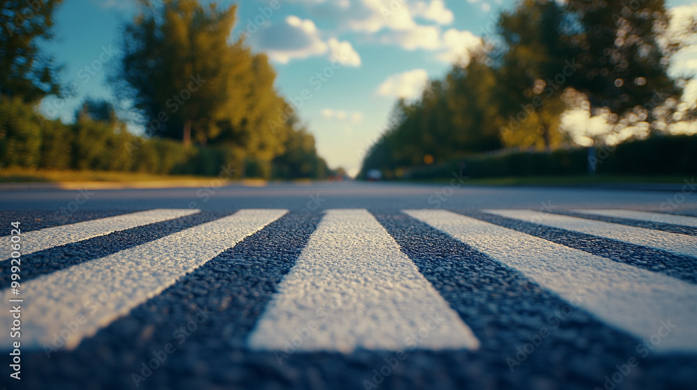 zebra crosswalk markings on a clean, black asphalt road. The distinct ...