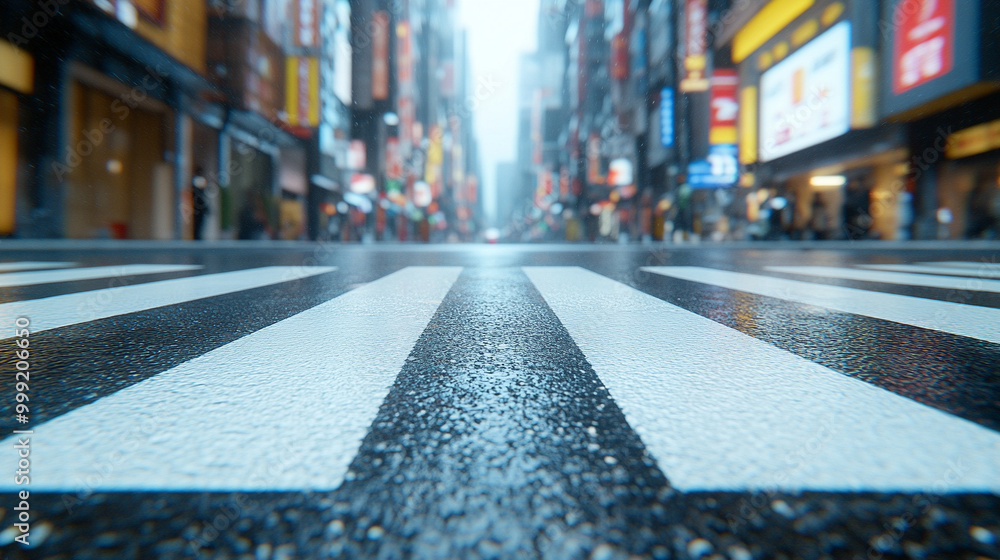zebra crosswalk markings on a clean, black asphalt road. The distinct ...