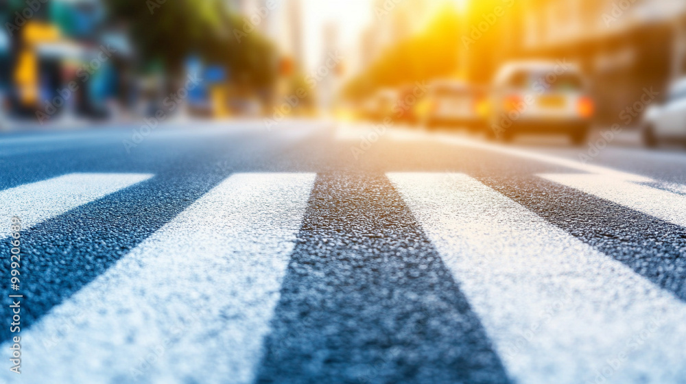 zebra crosswalk markings on a clean, black asphalt road. The distinct ...