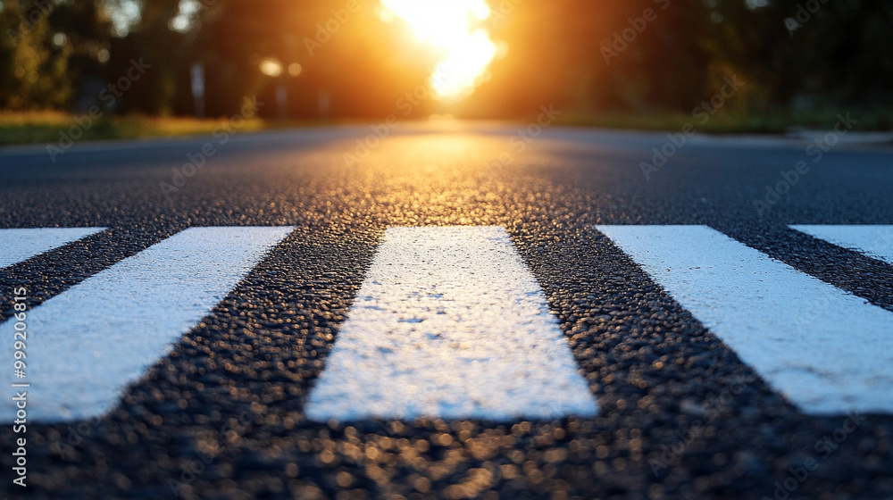 zebra crosswalk markings on a clean, black asphalt road. The distinct ...
