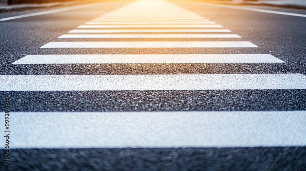 zebra crosswalk markings on a clean, black asphalt road. The distinct ...