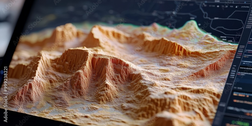 a digital elevation model on a computer screen, with 3D visualization ...