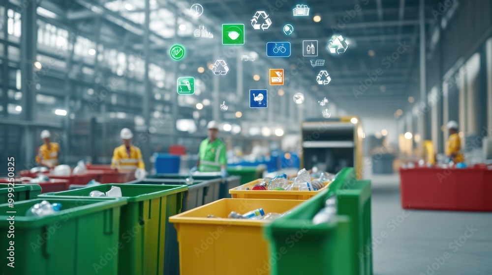 Industrial recycling facility with workers categorizing waste into ...