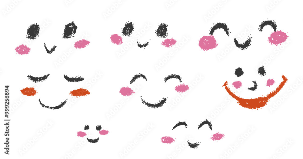 Chalk kids drawn kawaii smiley faces set. Japanese anime style freehand ...