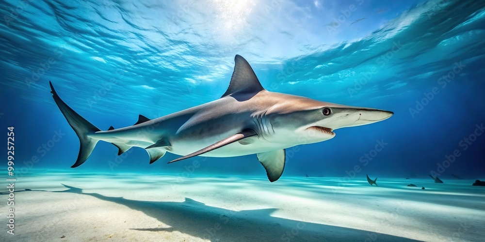 A majestic great hammerhead shark swims through the crystal-clear ...