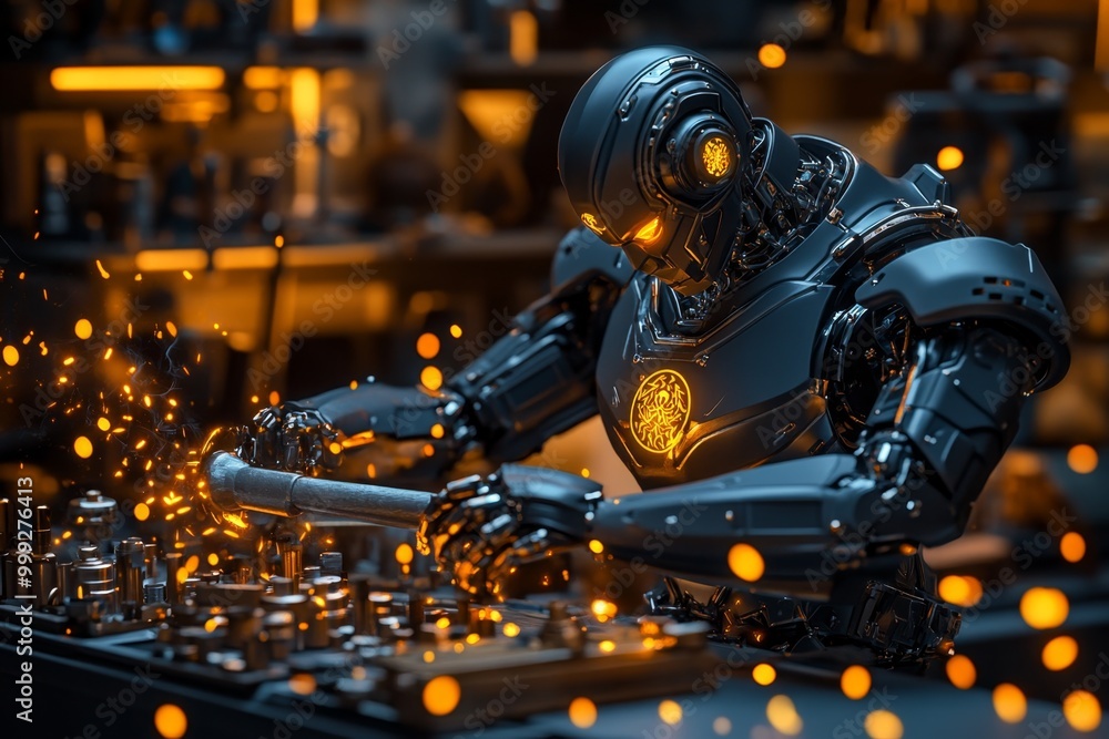 Magical robot blacksmith forging enchanted weapons, with robotic arms ...