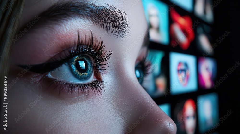 A digital art installation featuring multiscreen displays, each ...