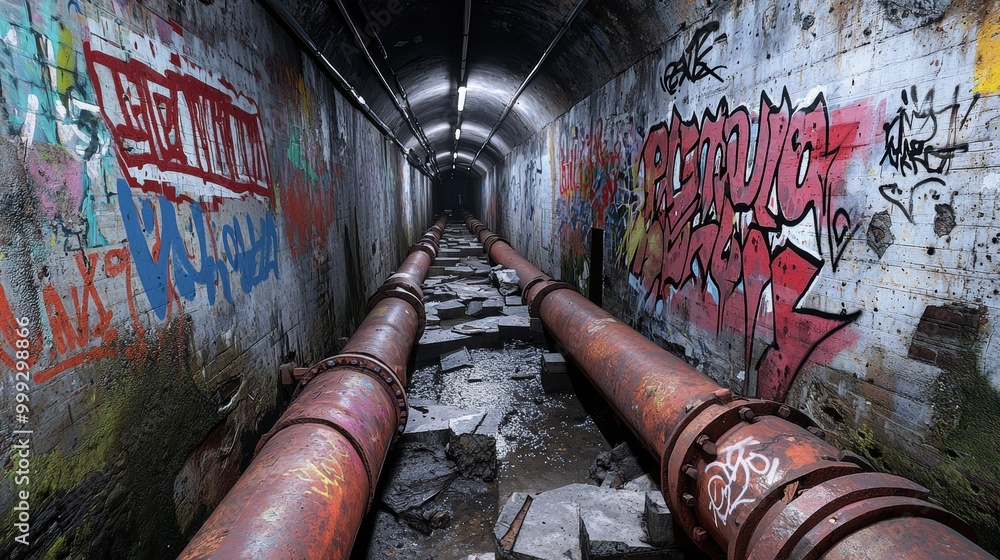 Graffiti-covered walls in an abandoned urban tunnel with rusty pipes ...
