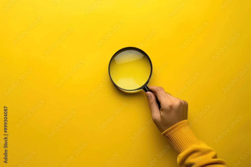 Hand holding a magnifying glass on a yellow background. Search and ...