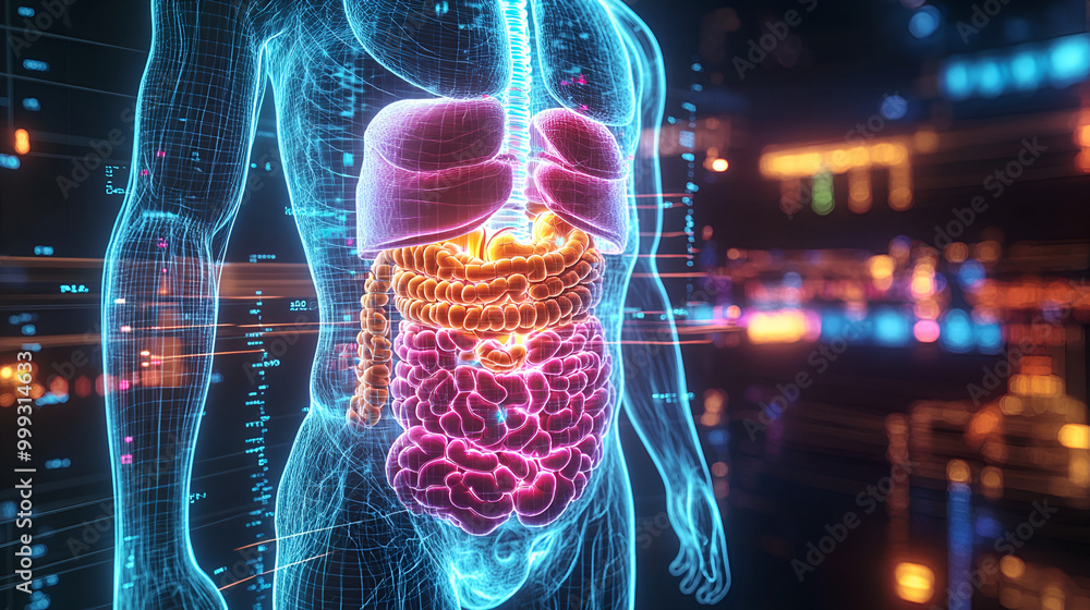 A holographic image of the human digestive system, with each organ ...