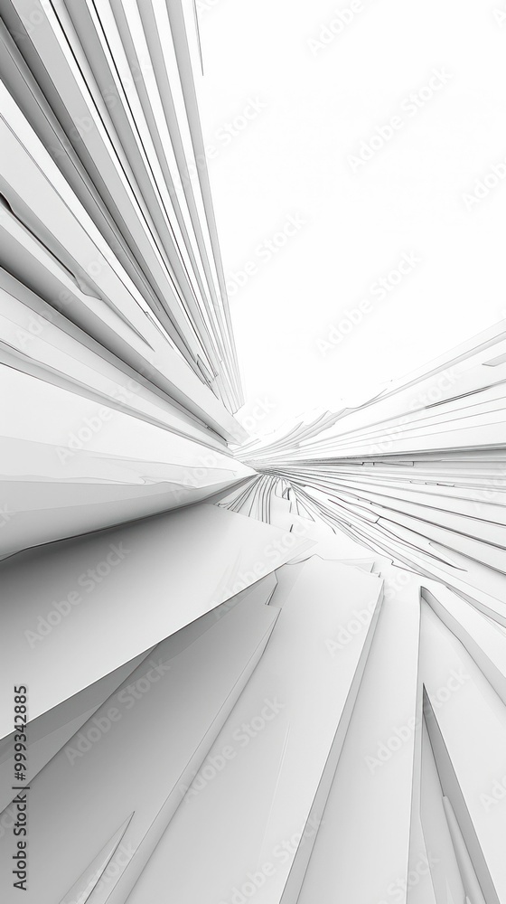 Abstract white geometric shapes stretching upwards, creating a dynamic ...