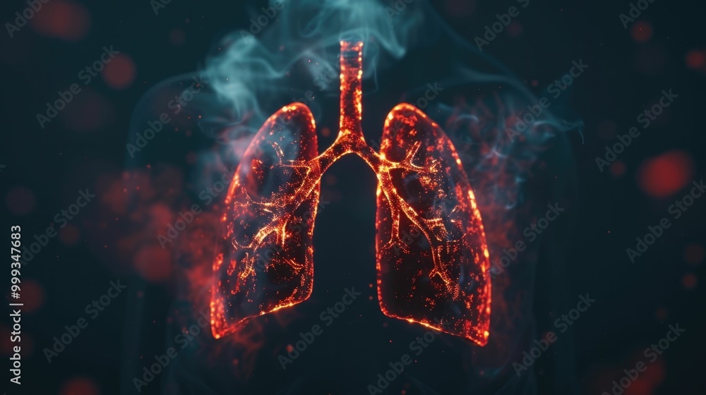 Glowing human lungs filled with pollution particles symbolizing the ...