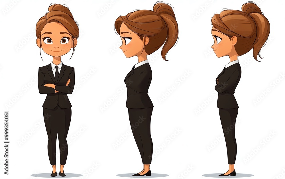 Cartoon business woman character in formal attire from different angles ...