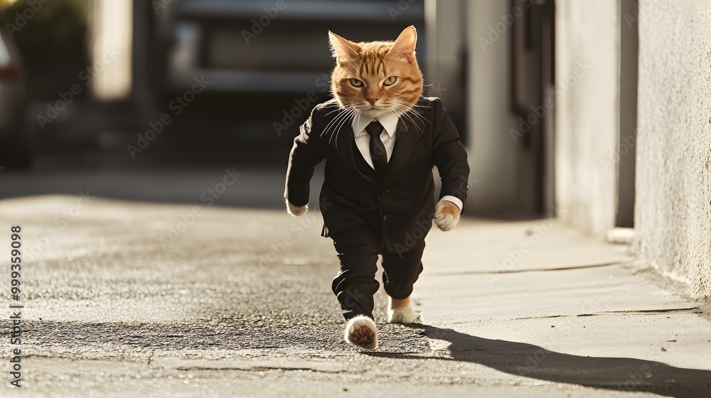 Cat in a mafia-inspired suit walking with a smug expression and ...
