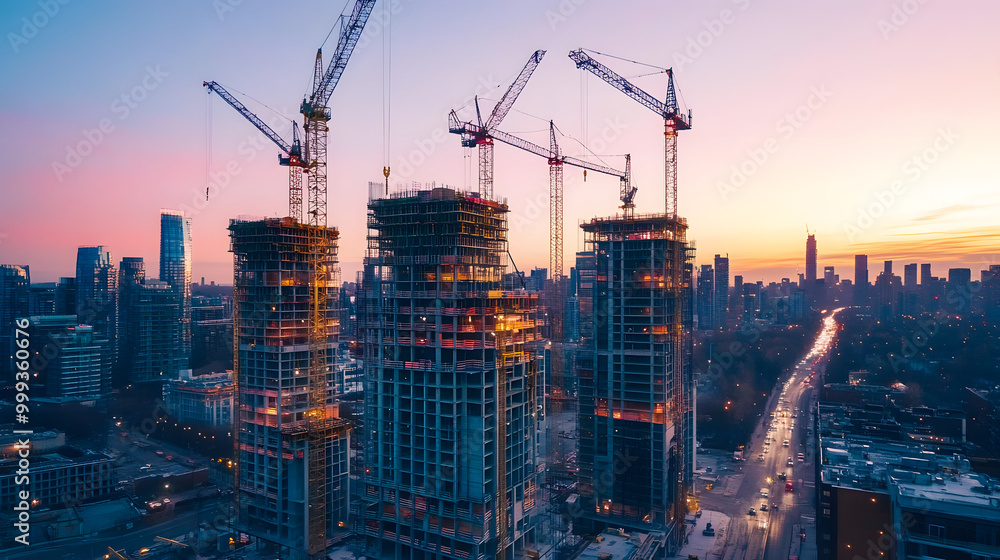 Ilustración de Stock large modern construction site sunset high-rise ...