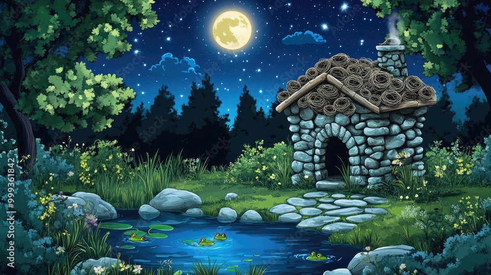 Stone Cottage with Nest Roof by a Moonlit Pond Stock Illustration ...