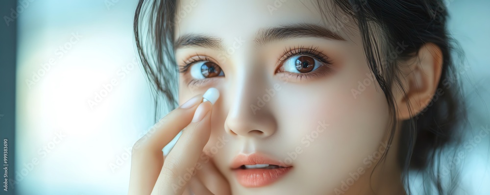 Asian young woman applying medical eye drops for dry eye treatment ...