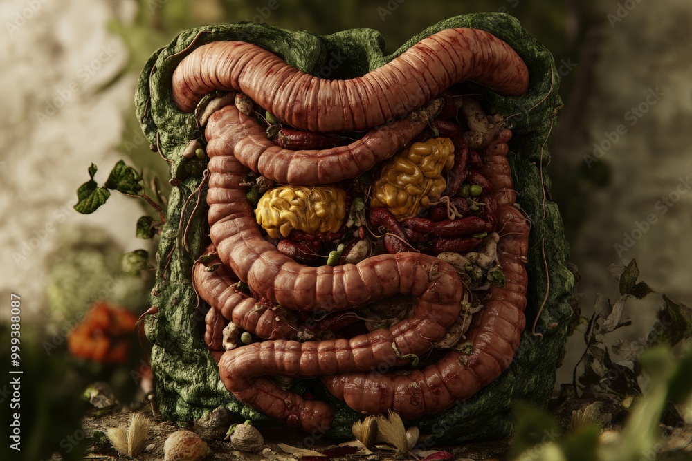 A scientific rendering of the human digestive system, showing the ...