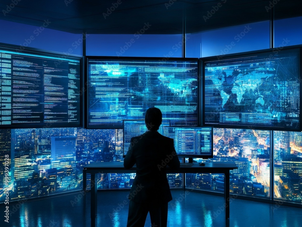 An IT professional managing network security, with layers of encrypted data flow and firewalls ...