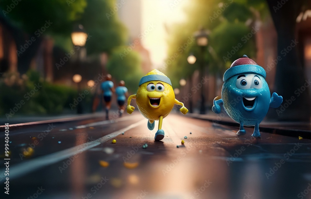 Two cartoon characters, one yellow and one blue, are running on a red ...