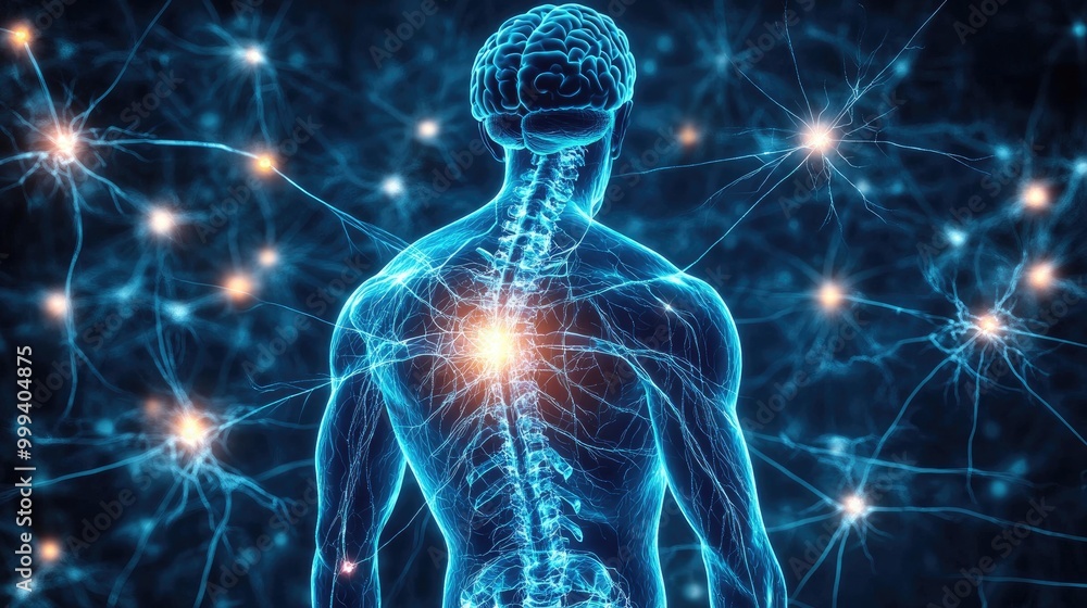 Nervous system, brain and spinal cord highlighted, intricate neuron ...