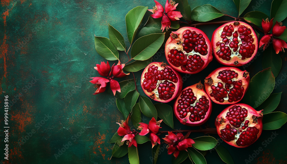 Pomegranates in the Iranian Yalda Tradition. Background with Leaves and ...