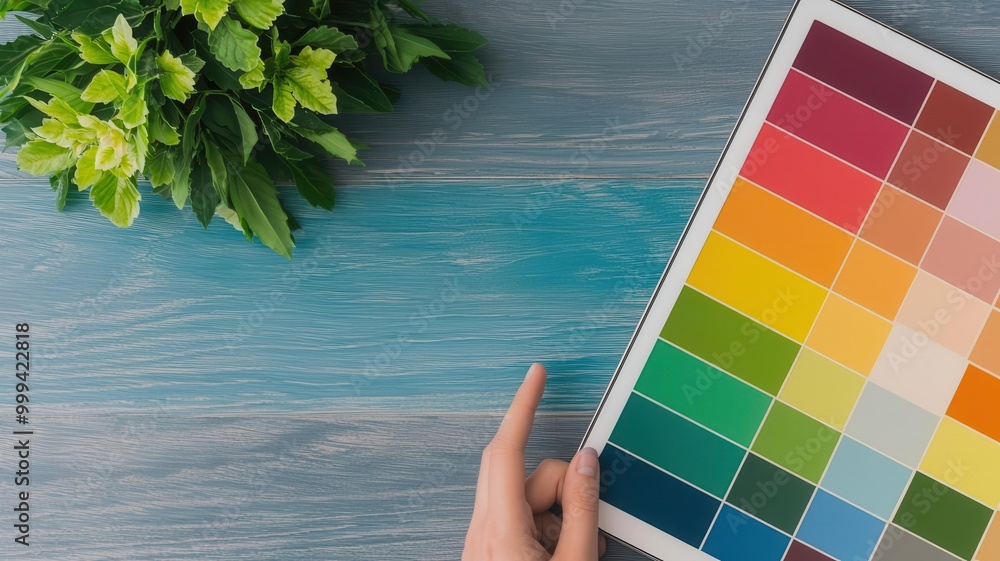 Team members comparing color palettes on a digital tablet, aligning the ...